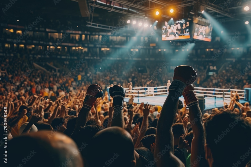 Crowded stadium cheering at a boxing match, Crowded boxing arena during ...