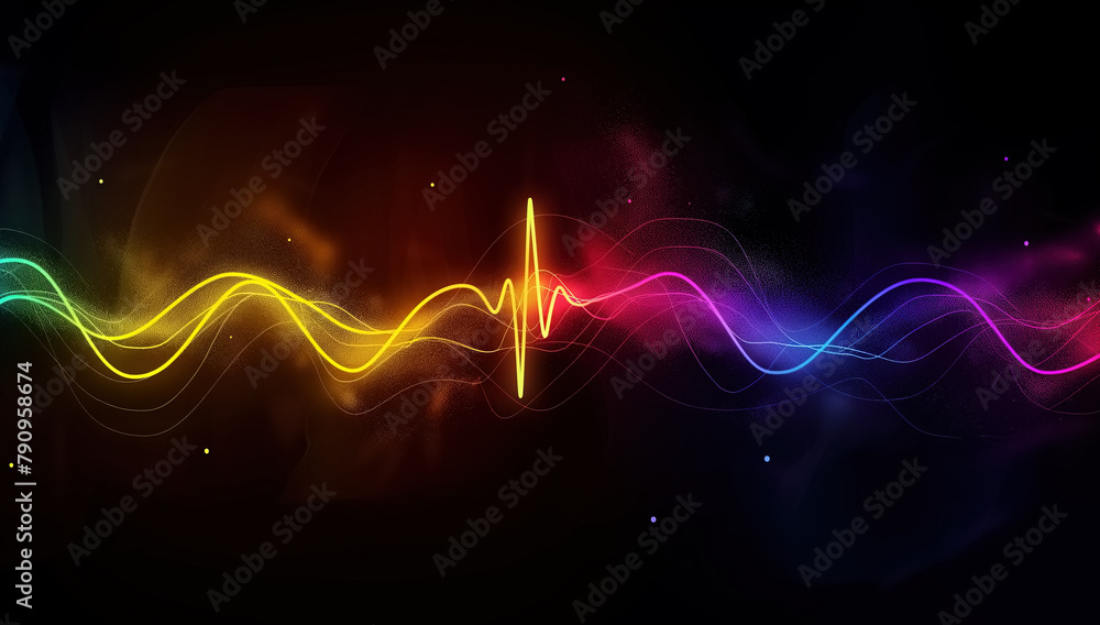 Rainbow colored waves moving through dark space. Electromagnetic ...