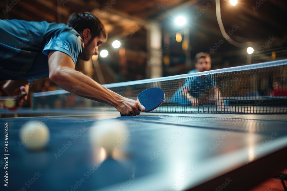 Dynamic table tennis match perspective, Focused athlete playing table ...