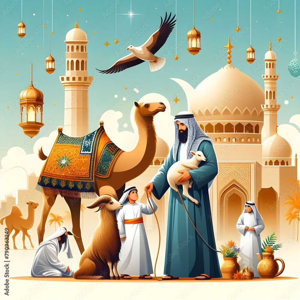 Eid mubarak, eid al adha mubarak Arabic man with a camel and goat ...