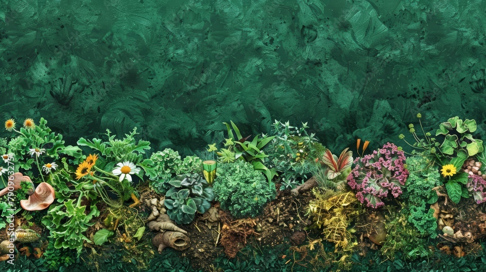 A lush depiction of a compost pile, with visible layers of organic ...