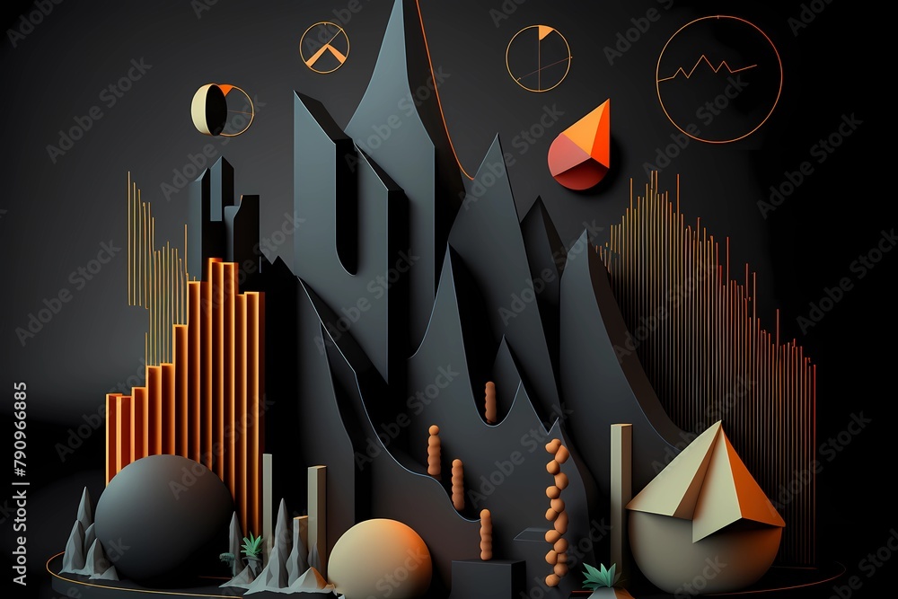 Artistic 3d rendering of diverse stylized charts and graphs against a ...