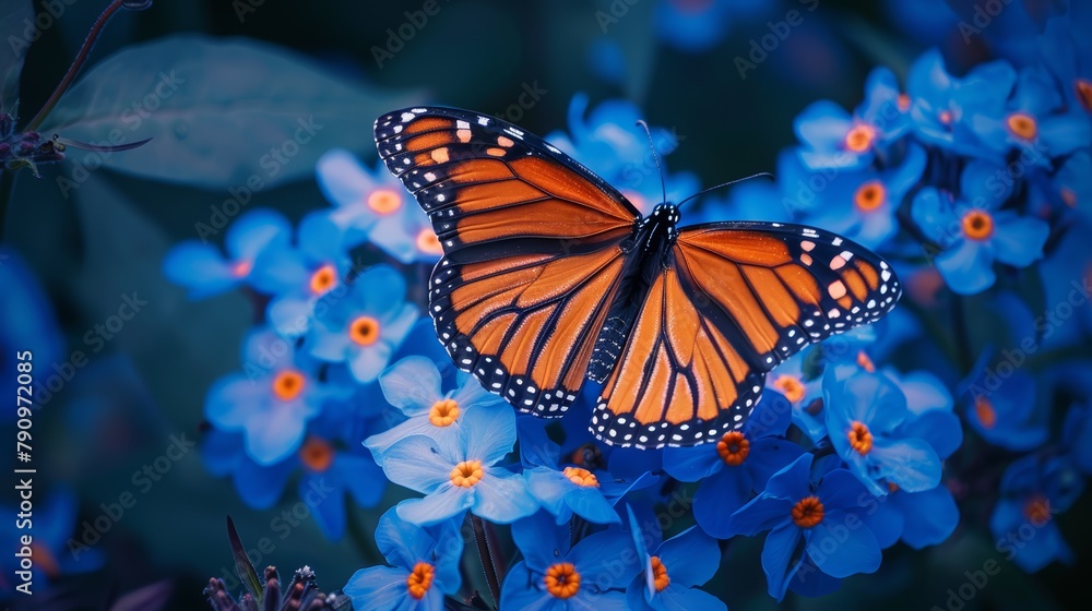 The vivid orange wings of a Monarch butterfly fluttering atop deep blue ...