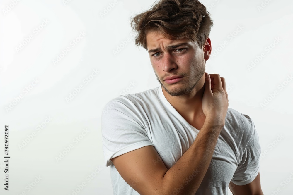 Young man with pain in shoulder, upper arm. Human body health problem ...