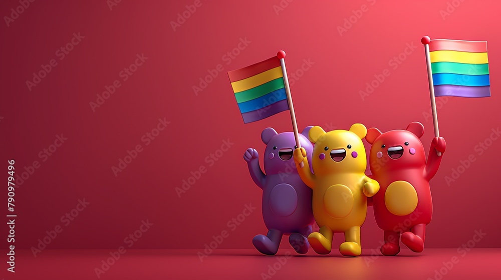 Joyful 3D cartoon characters with rainbow flags, dancing on a vivid red ...