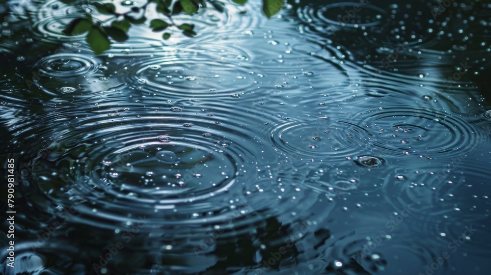A tranquil scene of raindrops falling gently onto a still pond ...