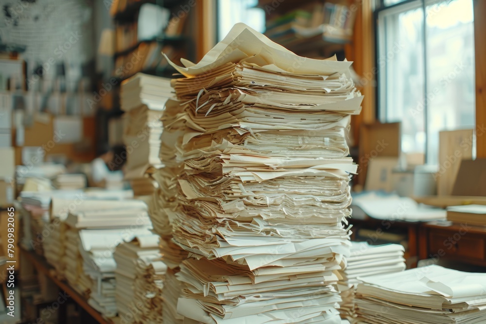 Piles of paper office filled with paperwork full archive file documents ...