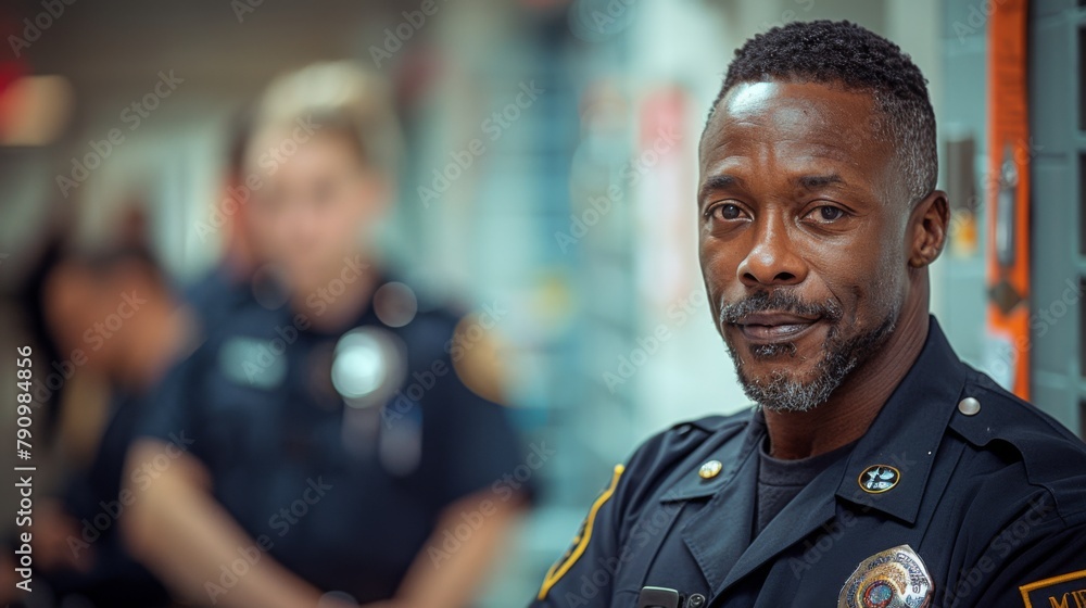 Correctional officer in uniform, patrolling with a background of prison ...