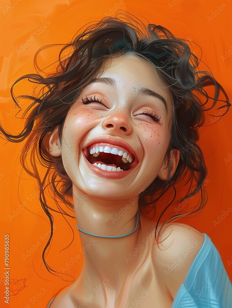 Spirited Joy A cartoon drawing of a woman, her spirited smile showing her lively and exuberant ...