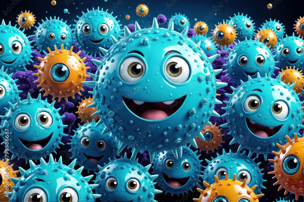Group of cartoon monsters. Funny smiling microbes. Microorganisms ...