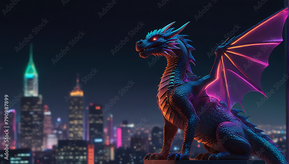 A synthwave dragon in a neon-lit cityscape: sleek, metallic, with ...