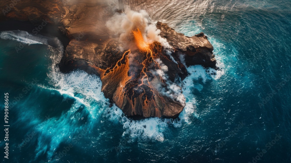 Aerial view of a volcanic island emerging from the sea as a new ...