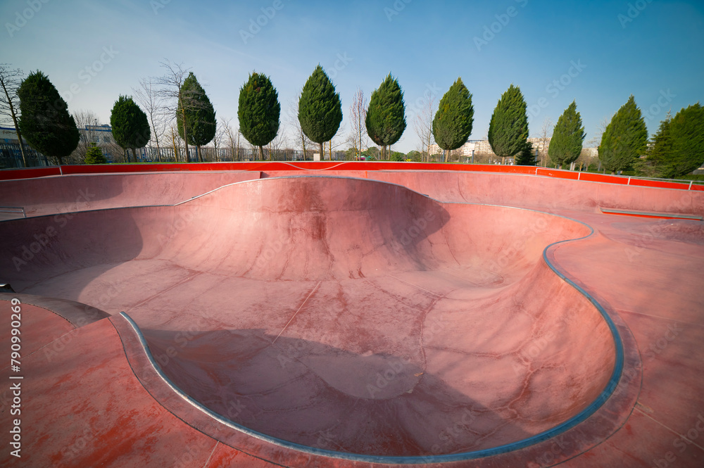 Empty public pink skate park waiting for skaters. Skateboard in city ...