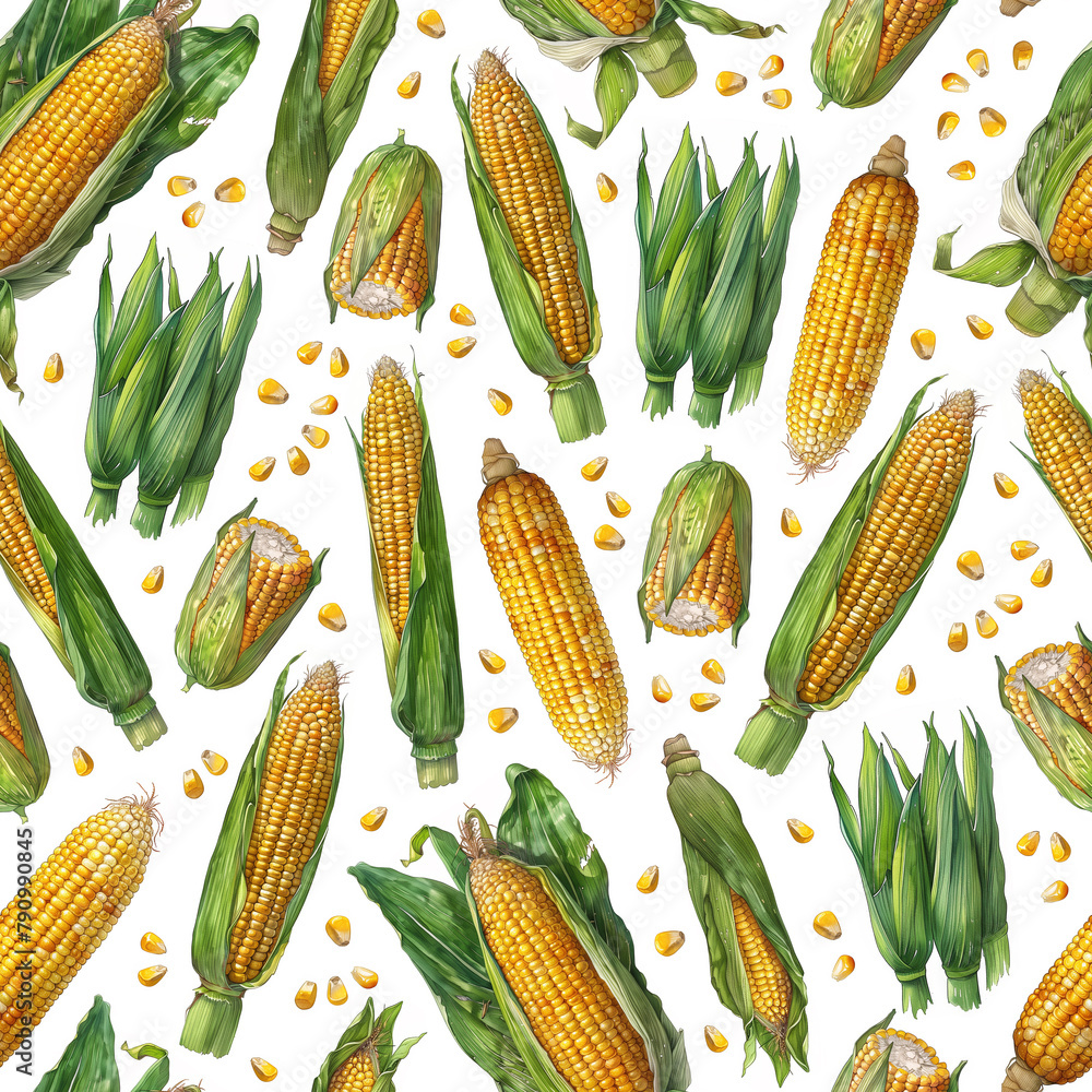 Watercolor corn seamless pattern. Fresh yellow maize, sweet corn seeds ...