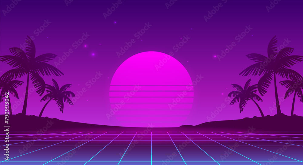 Retrowave futuristic abstract landscape with purple grid background of ...