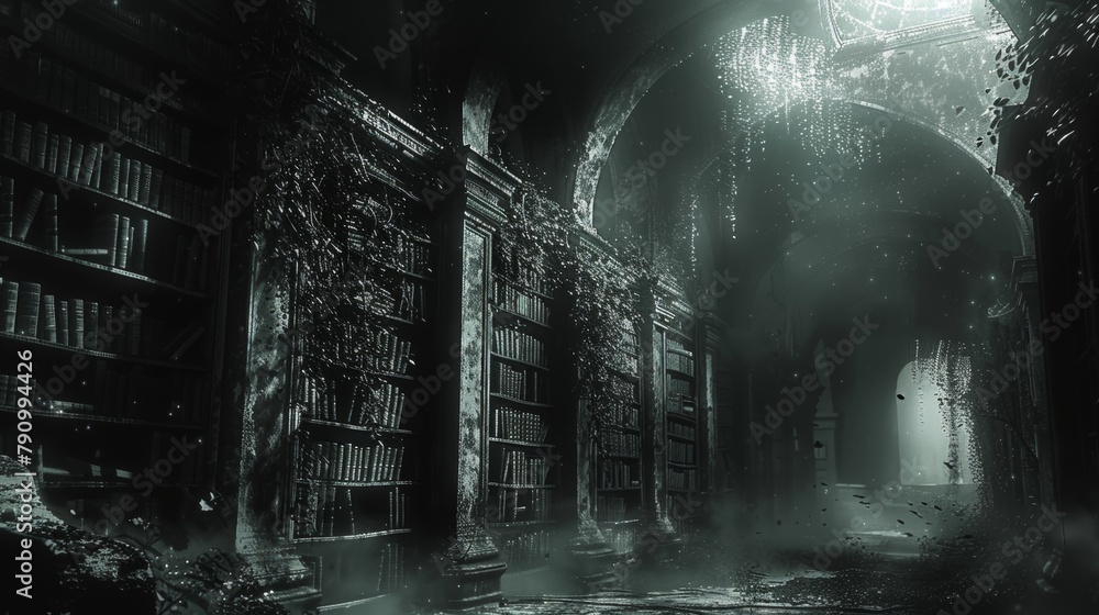 Mysterious haunted library shrouded in moonlight, with overgrown plants ...