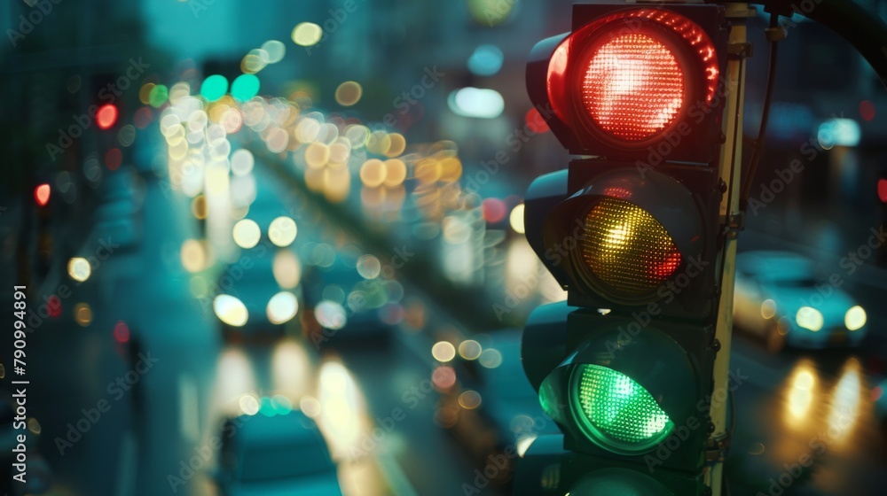 Close-up of a traffic light changing from red to green, signaling the ...