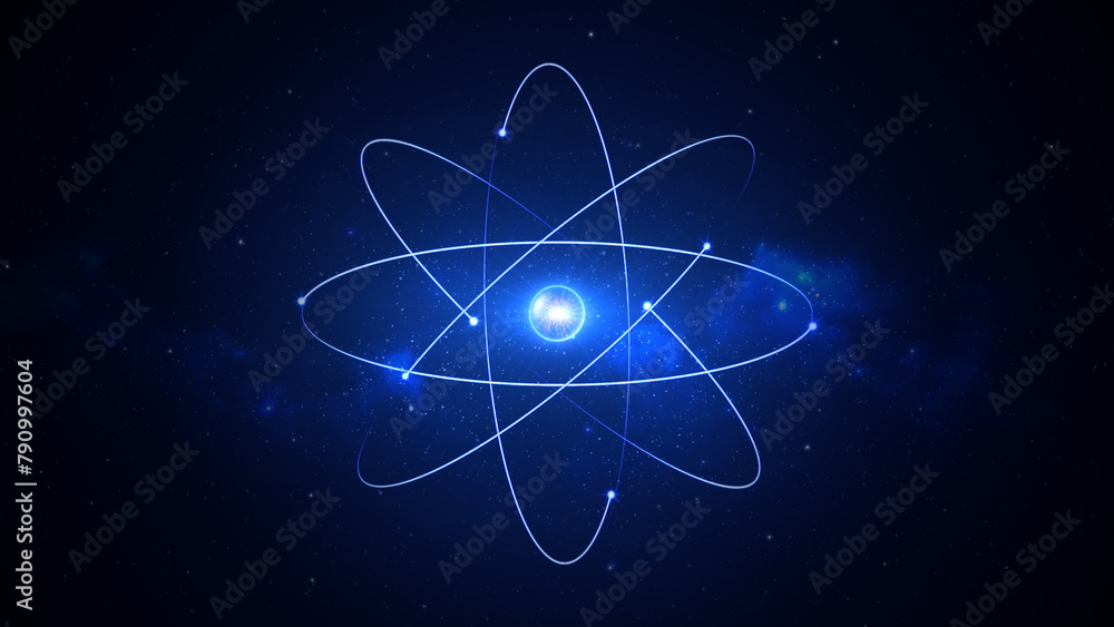 Animation of a 3d model of a blue neon atom on the starry sky ...