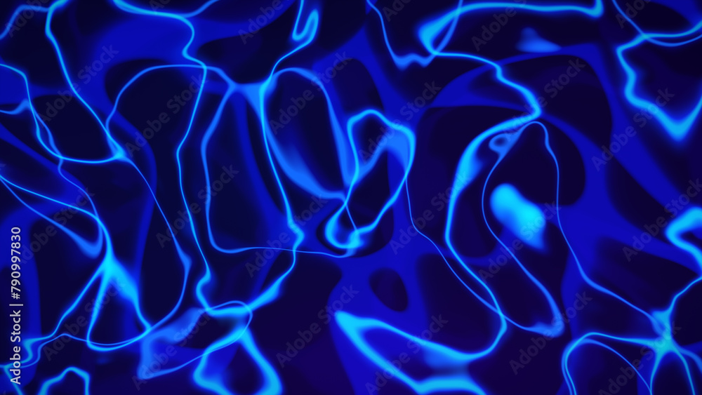Abstract dark blue background with liquid electric neon lines, top view ...