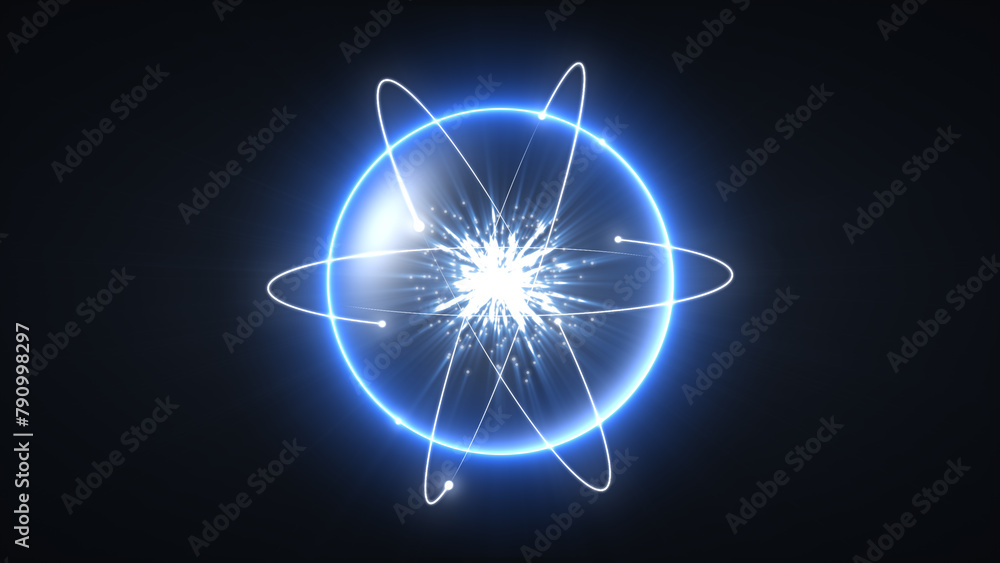 Animation of a 3d model of a blue neon atom on a black background ...