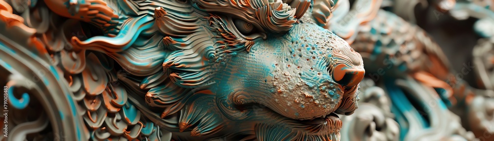 Bring to life a traditional clay sculpture of a mystical birds-eye view ...