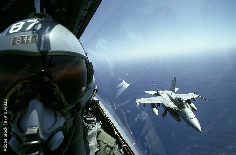 The photo captures the view of an F16 fighter jet pilot seen through ...