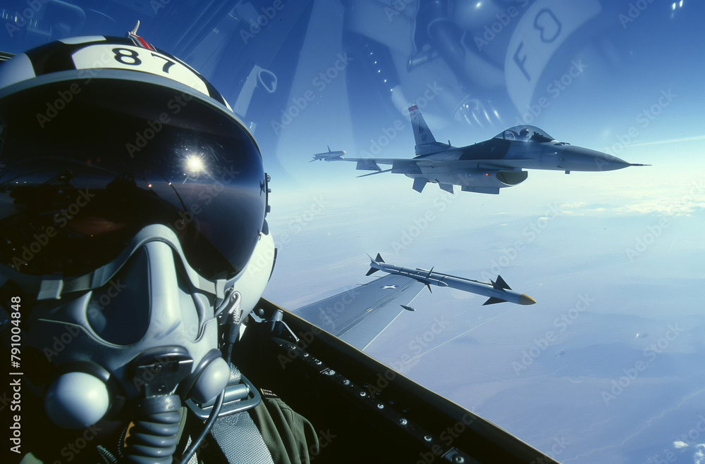 The photo captures the view of an F16 fighter jet pilot seen through ...