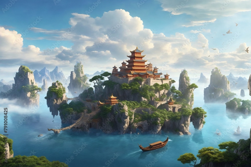 Floating Castle in Clouds, Chinese style Fantasy Castle and islands ...