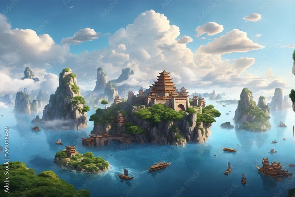 Floating Castle in Clouds, Chinese style Fantasy Castle and islands ...