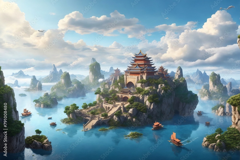 Floating Castle in Clouds, Chinese style Fantasy Castle and islands ...