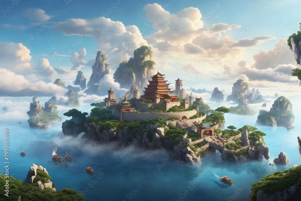 Floating Castle in Clouds, Chinese style Fantasy Castle and islands ...