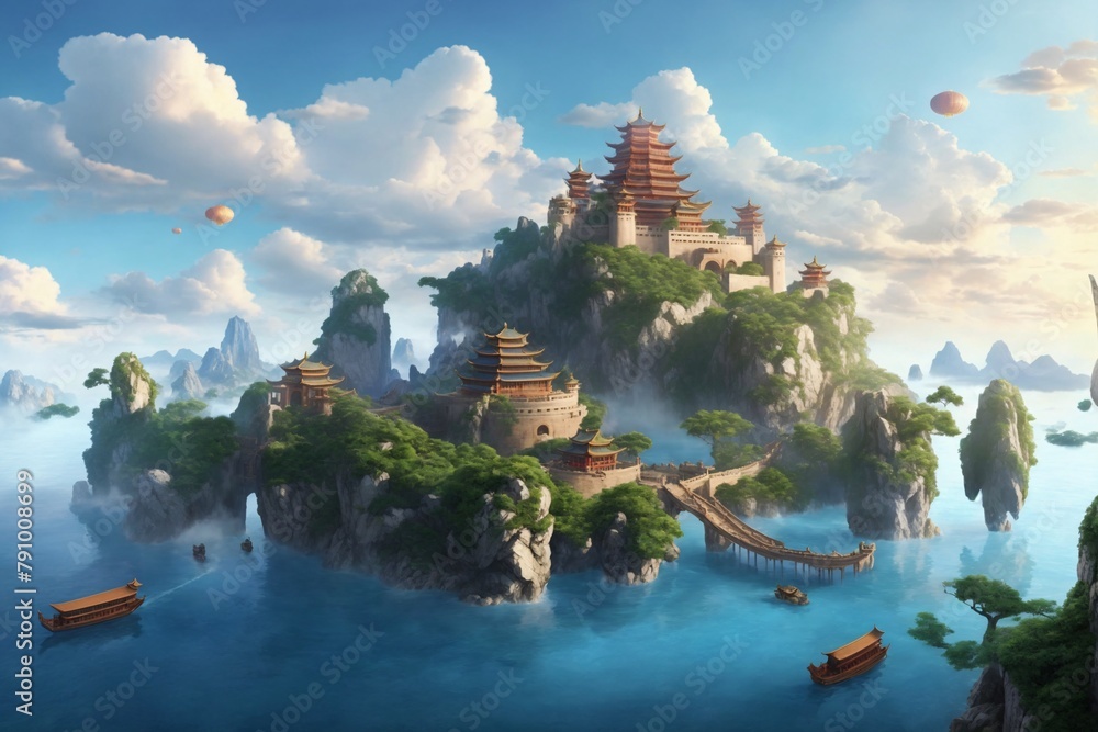 Floating Castle in Clouds, Chinese style Fantasy Castle and islands ...