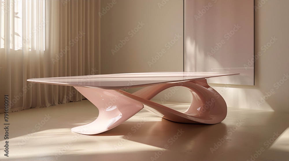 Minimalistic pink curvy table reflecting light in an empty room with ...