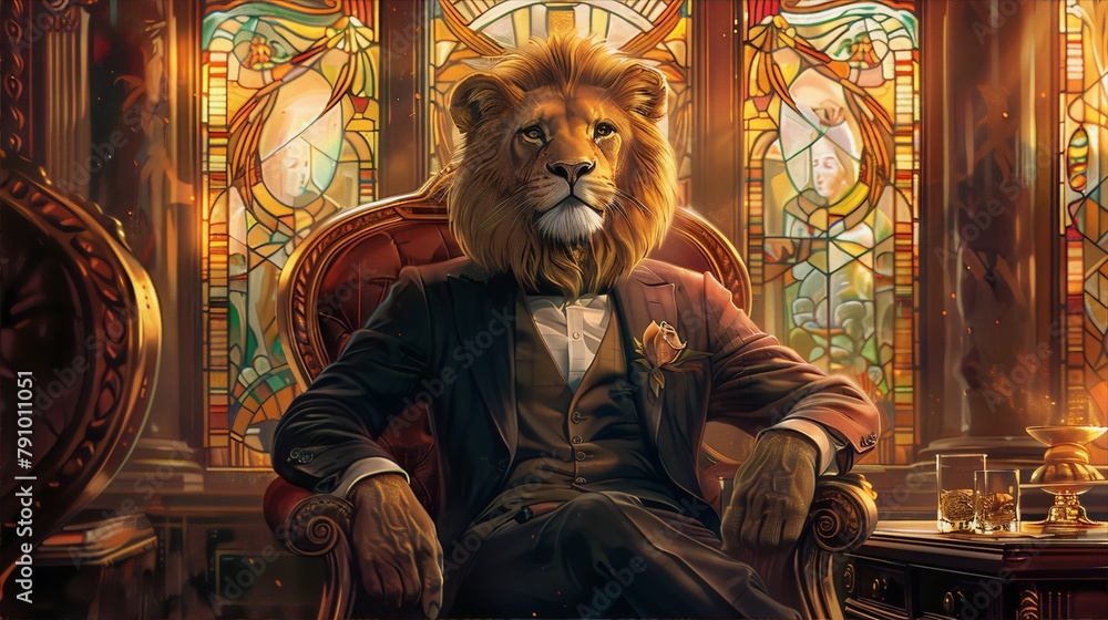 Lion in suit sitting on throne in opulent hall, digital art, concept ...
