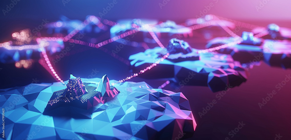 Low poly islands floating in a neon cosmos, each connected by light ...