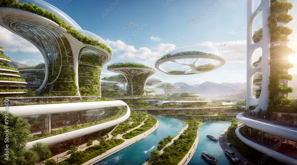 Eco friendly sustainable green city of the future, futuristic cityscape ...