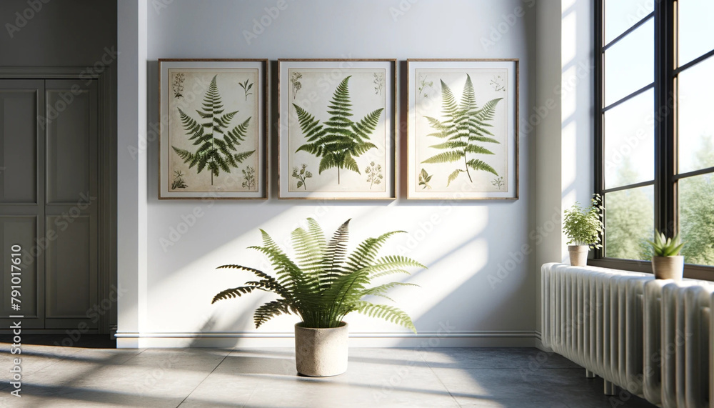 A well-lit interior scene featuring three wide-format framed pictures ...