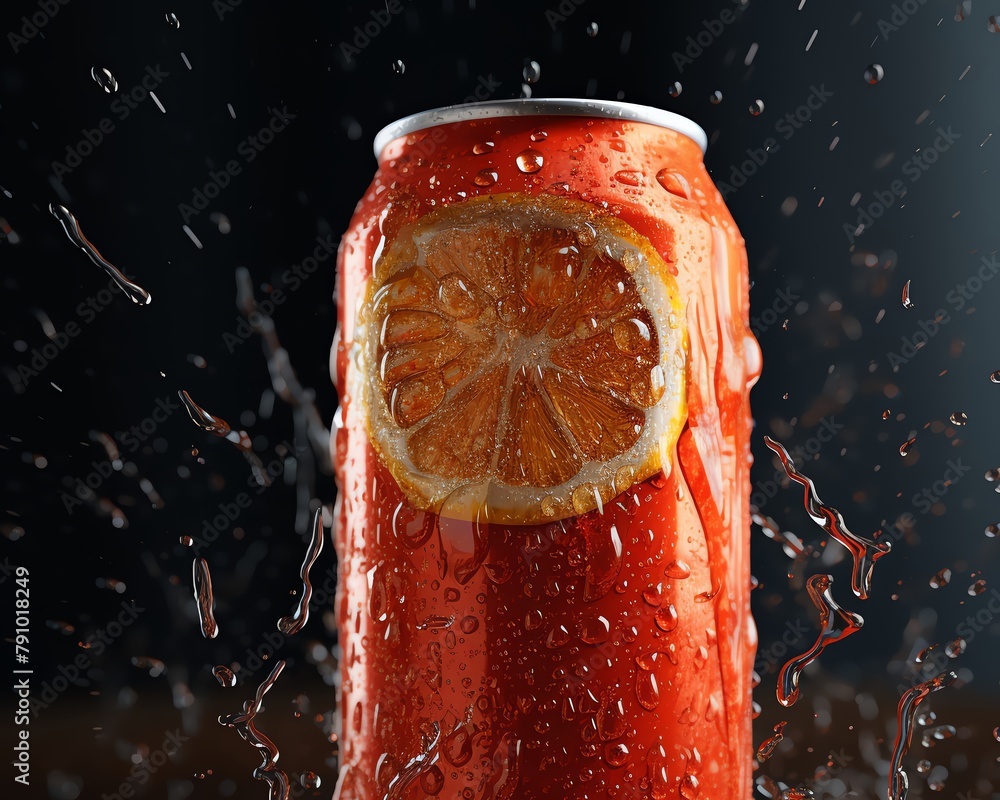 A can of soda fizzes with anticipation, condensation dripping down its ...
