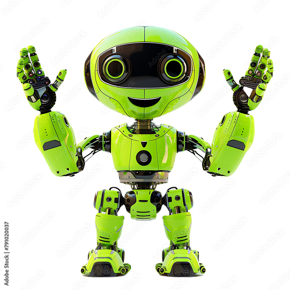 ภาพประกอบสต็อก Cute green Android robot raising hands to greet humans ...