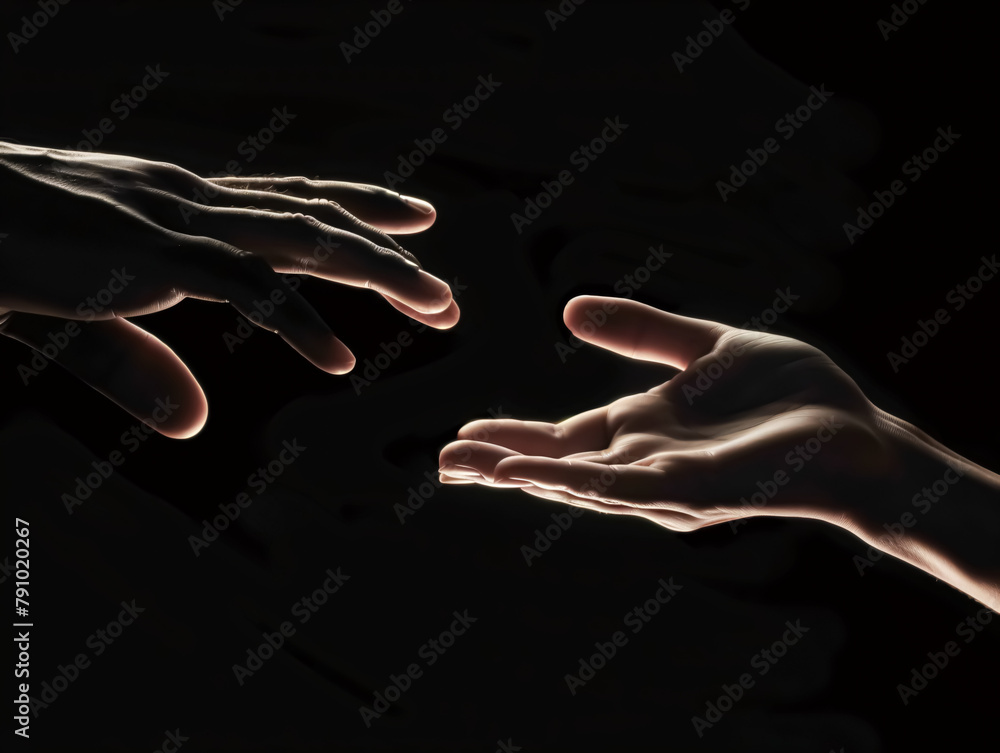 Human hands reaching out to each other, isolated on black background ...