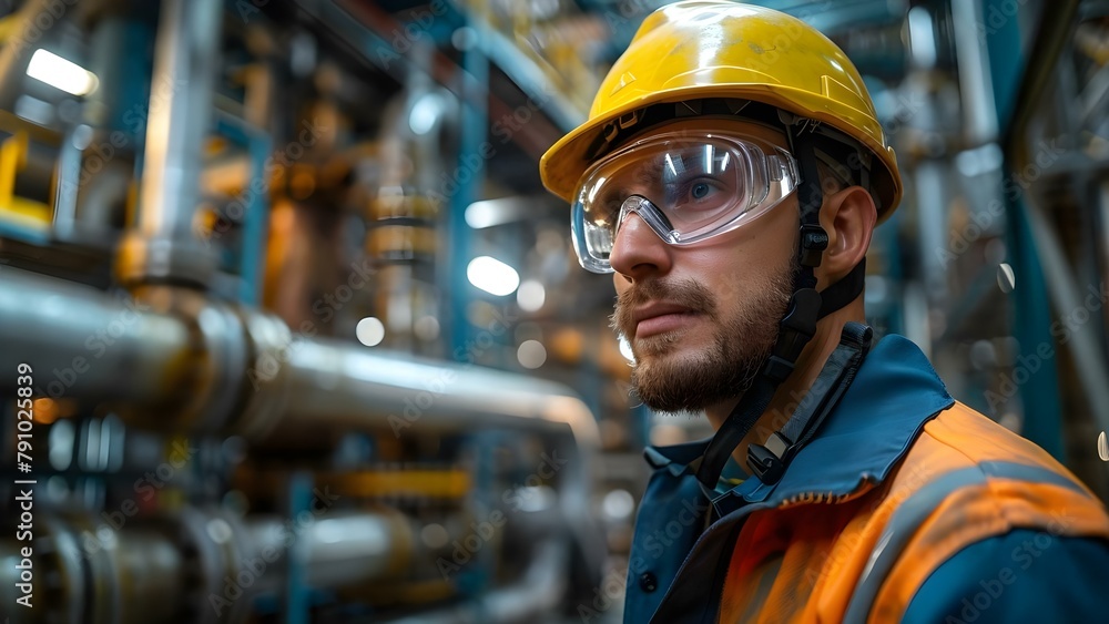 Engineer in safety gear inspecting equipment at oil refinery facility ...