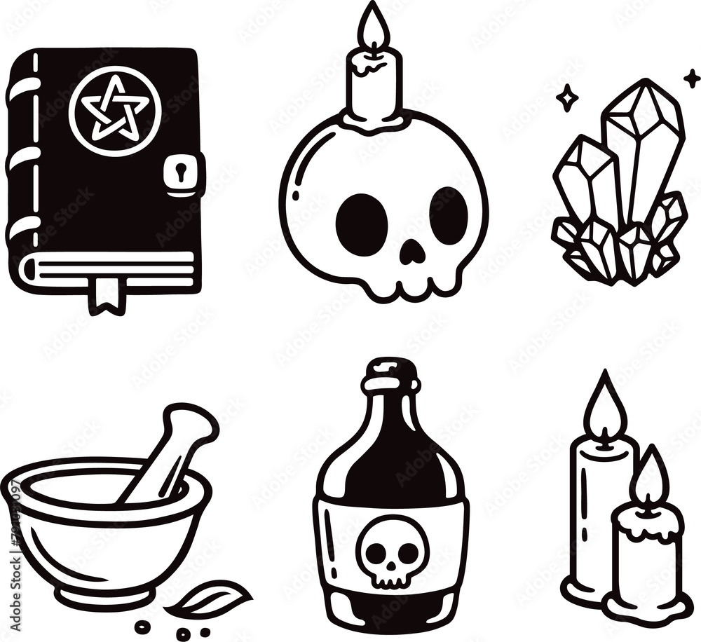 Cartoon spooky dark magic ritual drawings set. Skull, candles, spell ...