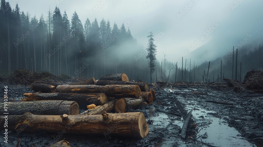 deforested landscape with cut trees and pile wood in the middle, foggy ...