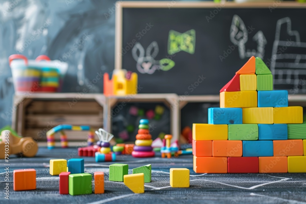 Colorful educational blocks toys in childrens playroom for kindergarten ...