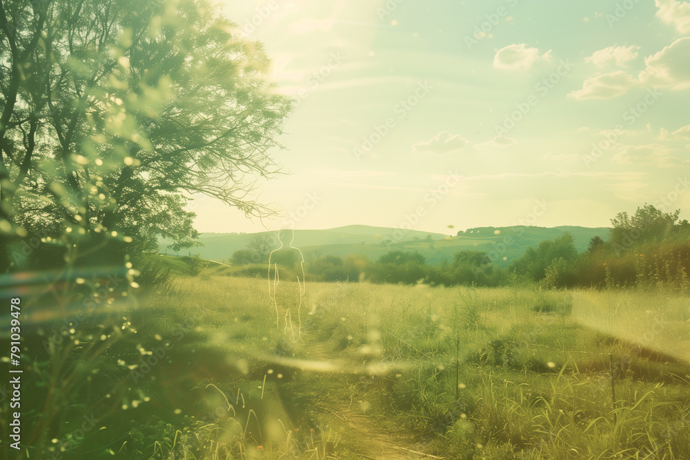 Photograph a serene landscape with a human figure standing, seemingly ...