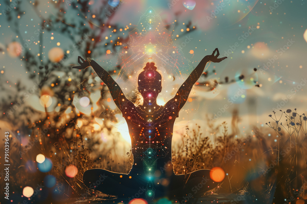Photograph a person in yoga pose with subtle digital overlays depicting ...