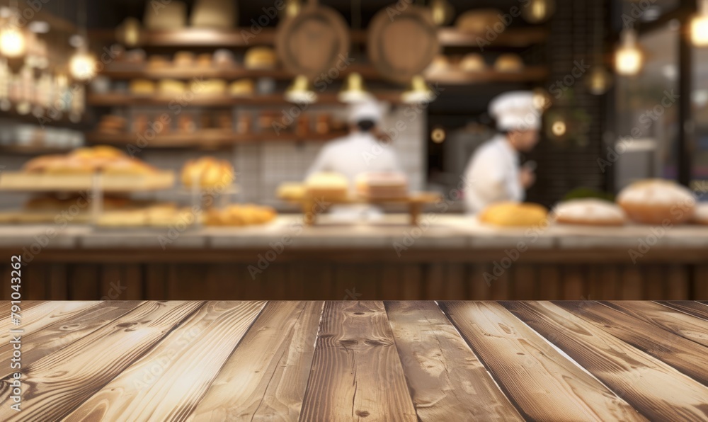 Bustling artisan bakery kitchen with focus on foreground wooden ...