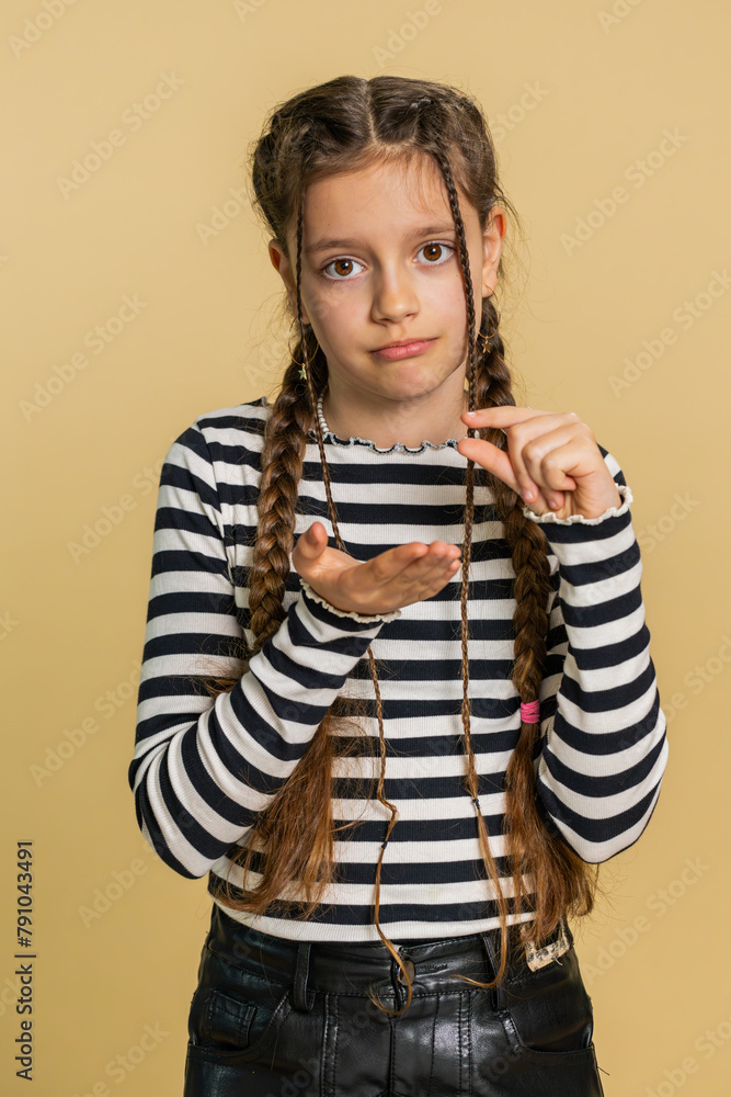 Need some more, please give me. Young preteen child girl kid showing a ...