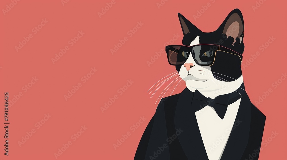 Animated portrayal of an exotic cat as a debonair secret agent, glasses ...