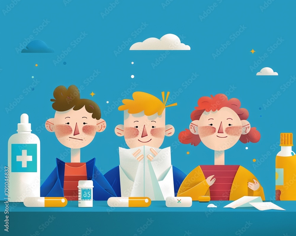 Educational poster showing the correct use of tissues and medicine in ...